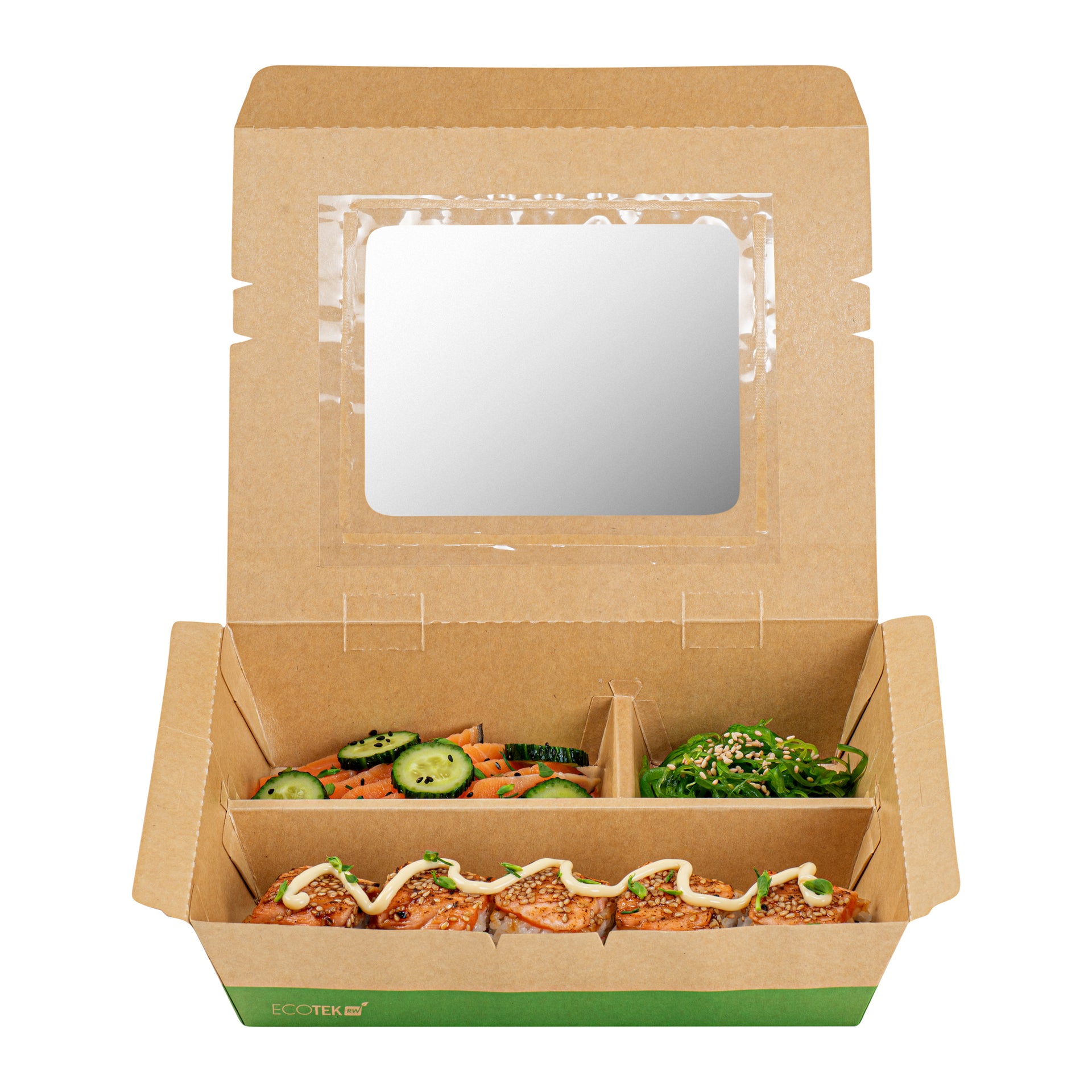 Eco Tek 51 oz Kraft and Green Paper Bento Box - with PLA Window, 3 ...