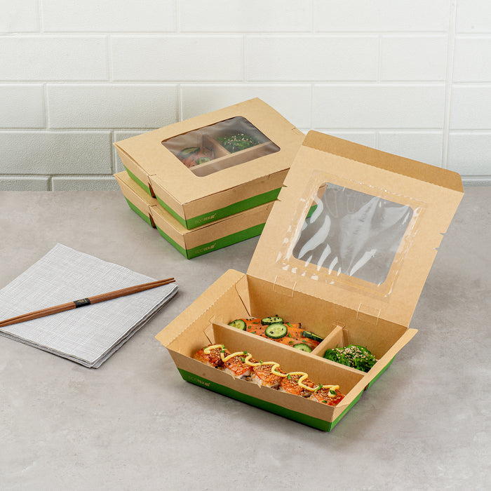 Eco Tek 51 oz Kraft and Green Paper Bento Box - with PLA Window, 3 ...
