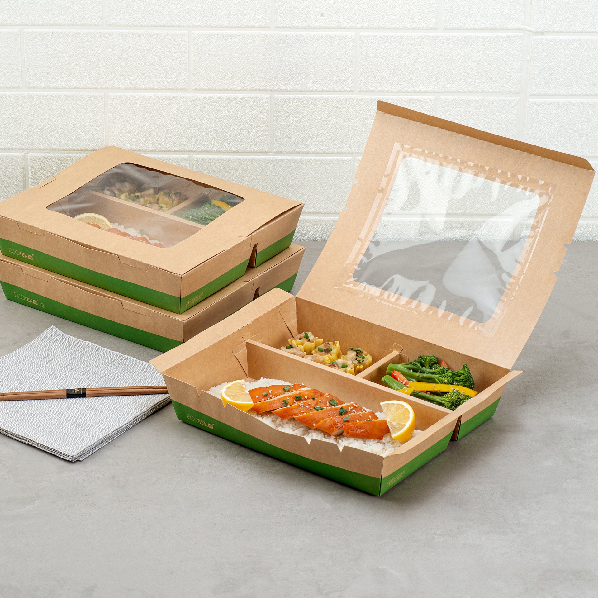 Eco Tek 78 oz Kraft and Green Paper Bento Box - with PLA Window, 3 ...