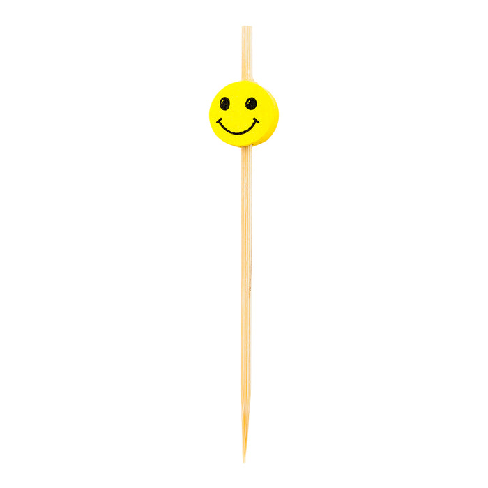 Pixy Yellow and Black Bamboo Smiley Face Pick - 4" x 1/2" - 1000 count box