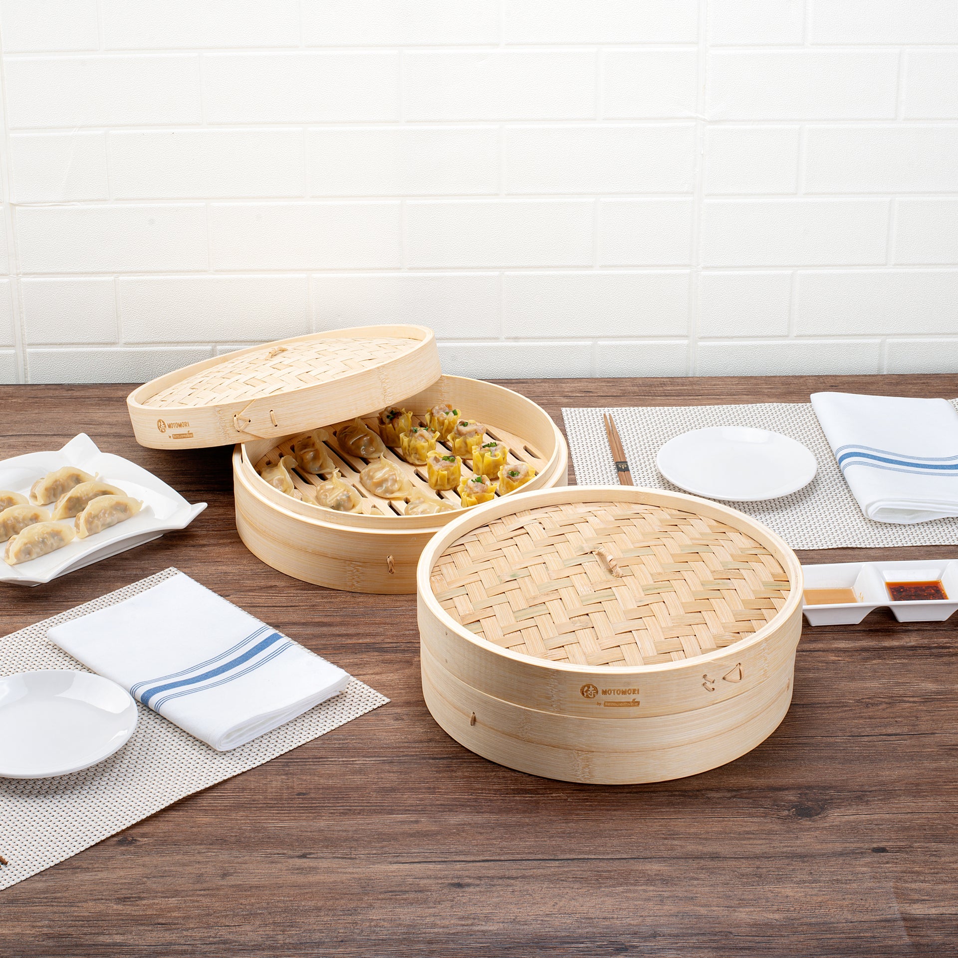 Motomori Round Natural Bamboo Steamer - 12" x 12" x 4" - 10 count box