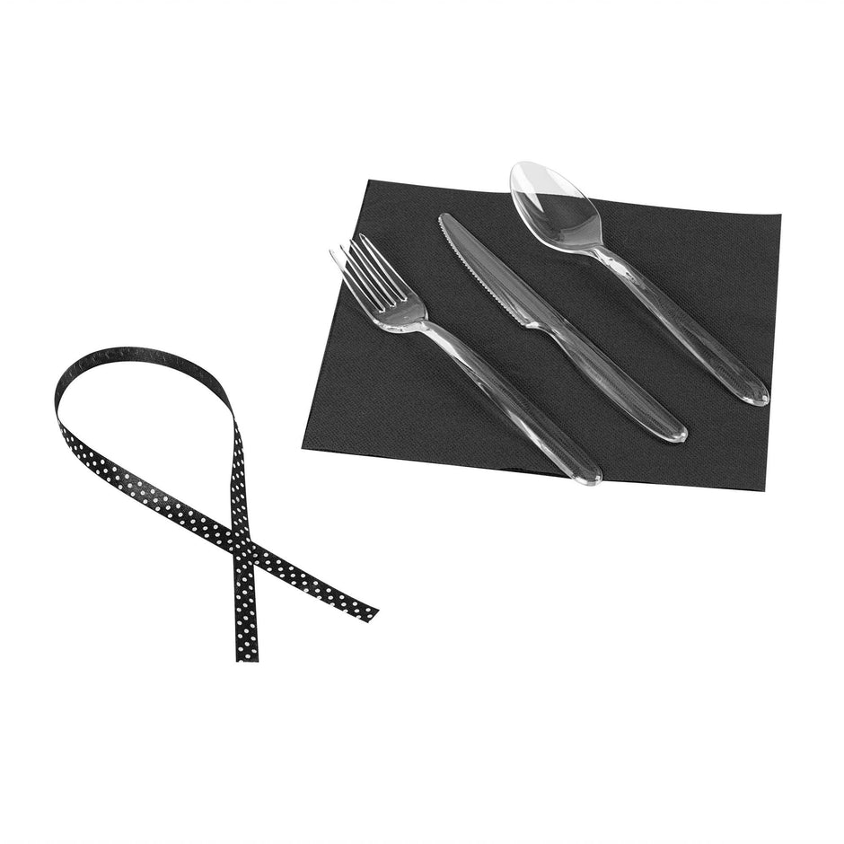 Moderna Clear Plastic Cutlery Set - with Black Napkin, Polka Dot Ribbon ...