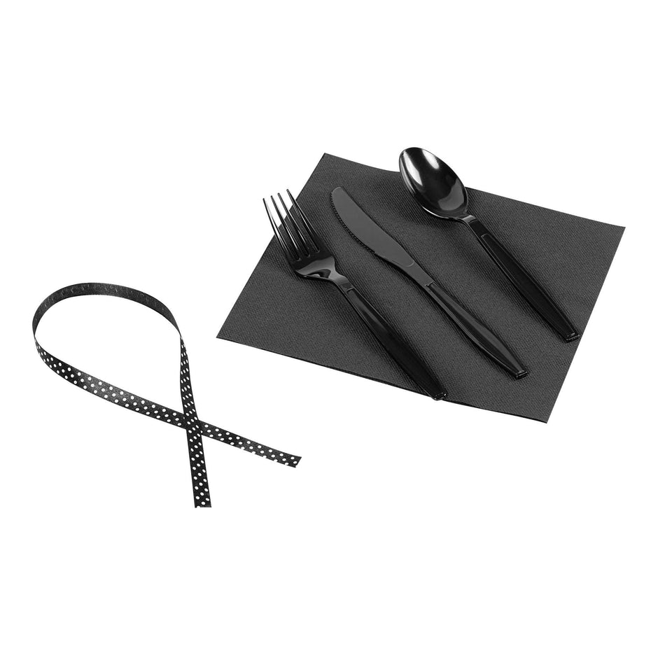 Argento Black Plastic Cutlery Set - with Black Napkin, Polka Dot Ribbon ...