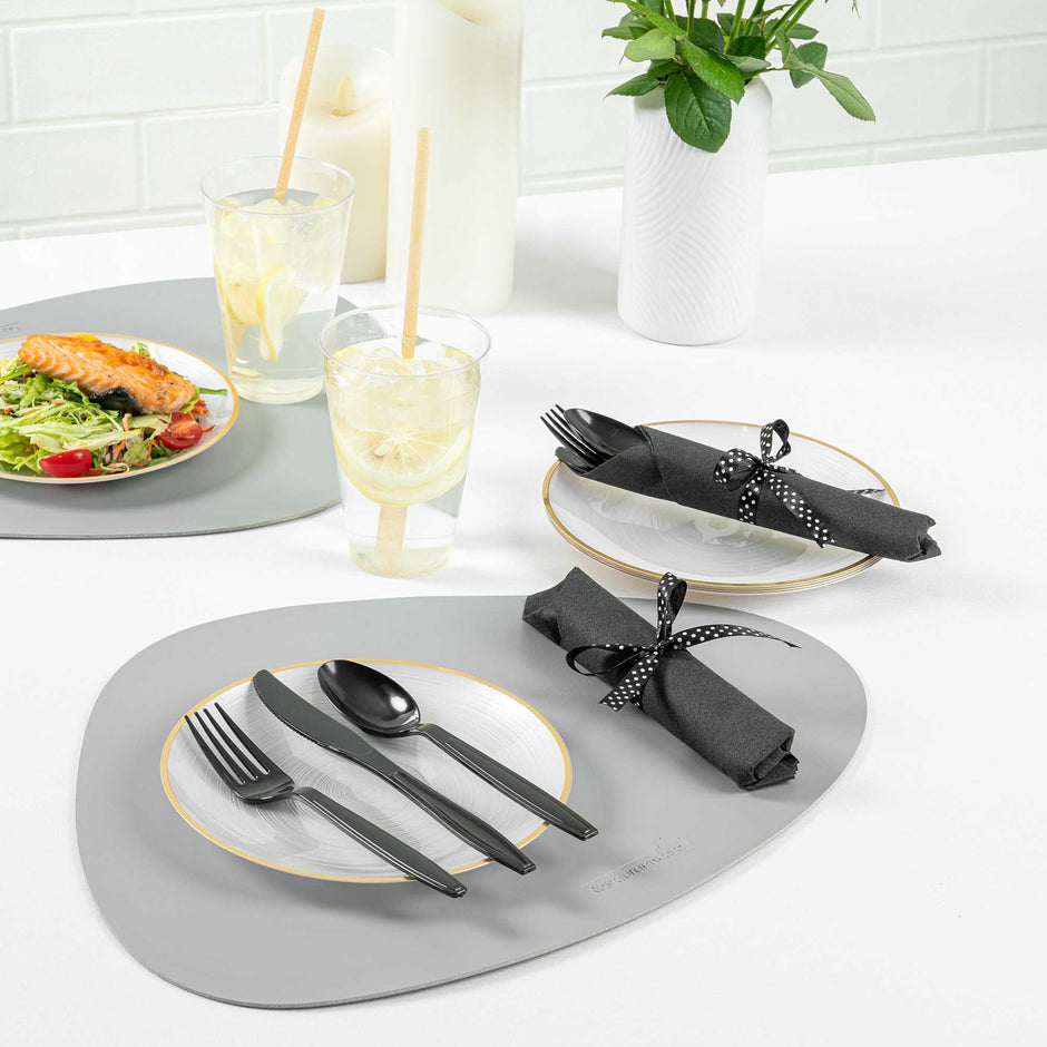 Argento Black Plastic Cutlery Set - with Black Napkin, Polka Dot Ribbon ...