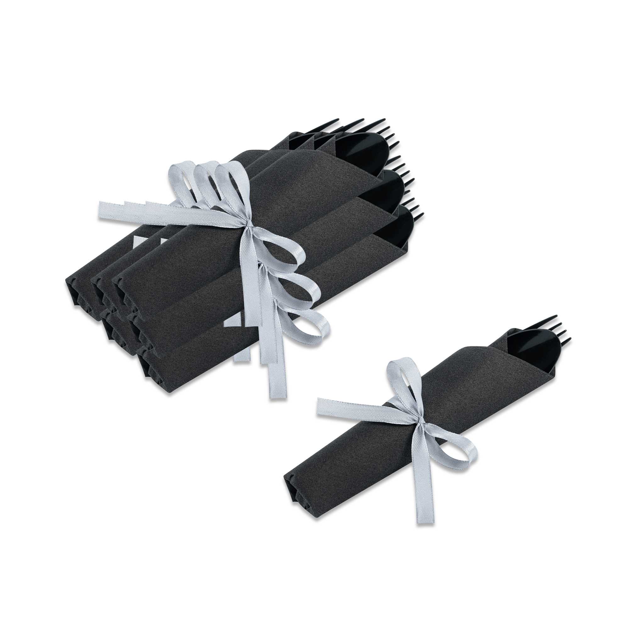 Argento Black Plastic Cutlery Set - with Black Napkin, Silver Ribbon ...